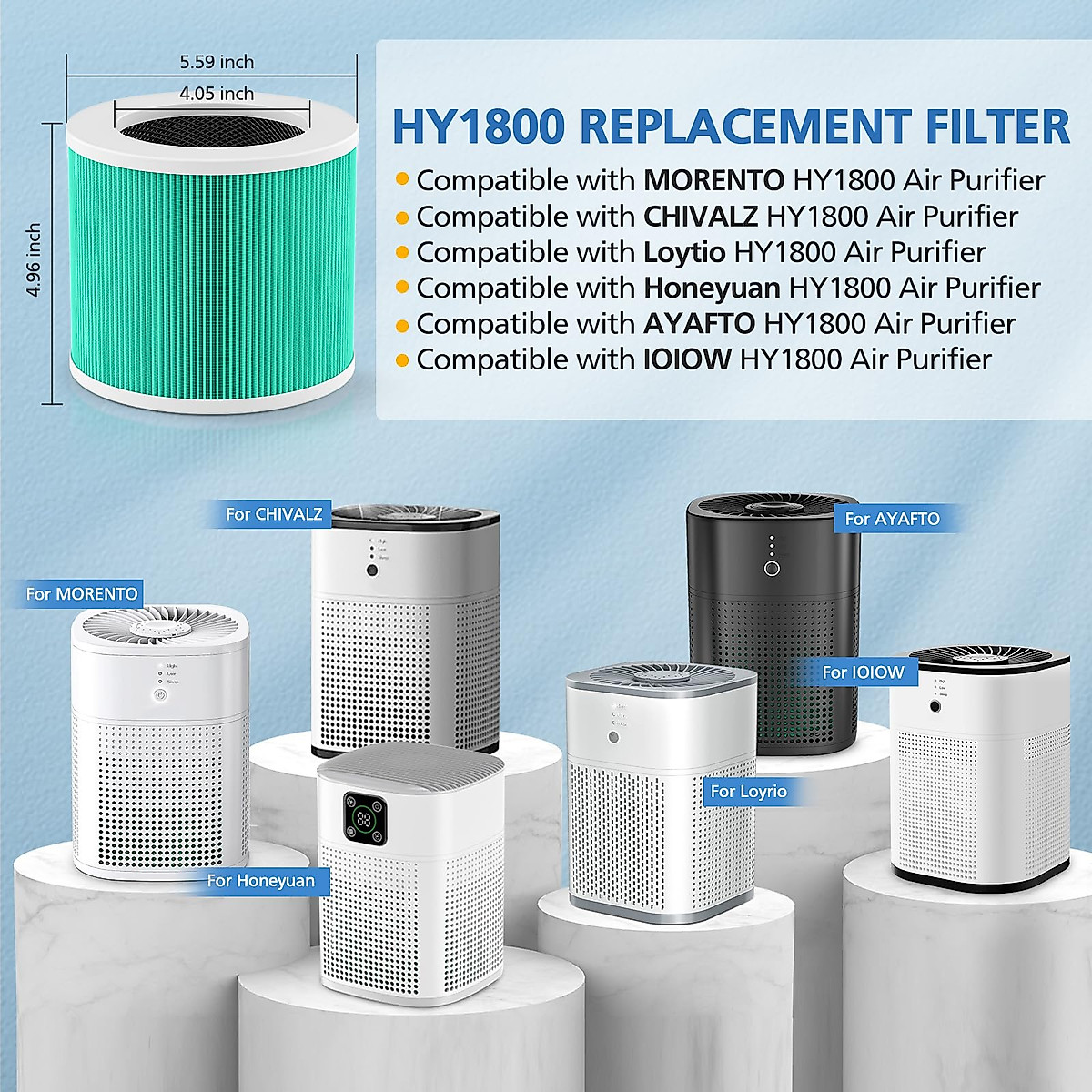 HY1800 Replacement Filt-er Compatible with MORENTO/Loytio/AYAFATO/IOIOW Air Purifi-er, H13 Ture HEPA HY1800 Filt-er (2 Pack)