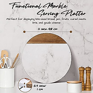 Flexzion Round Marble Cheese Board - 11 Inch White Marble and Wood Cheese Board for Charcuterie, Cheese, Cutting, Pastry, Trivet - Non-Stick and Heat Resistant Marble Board