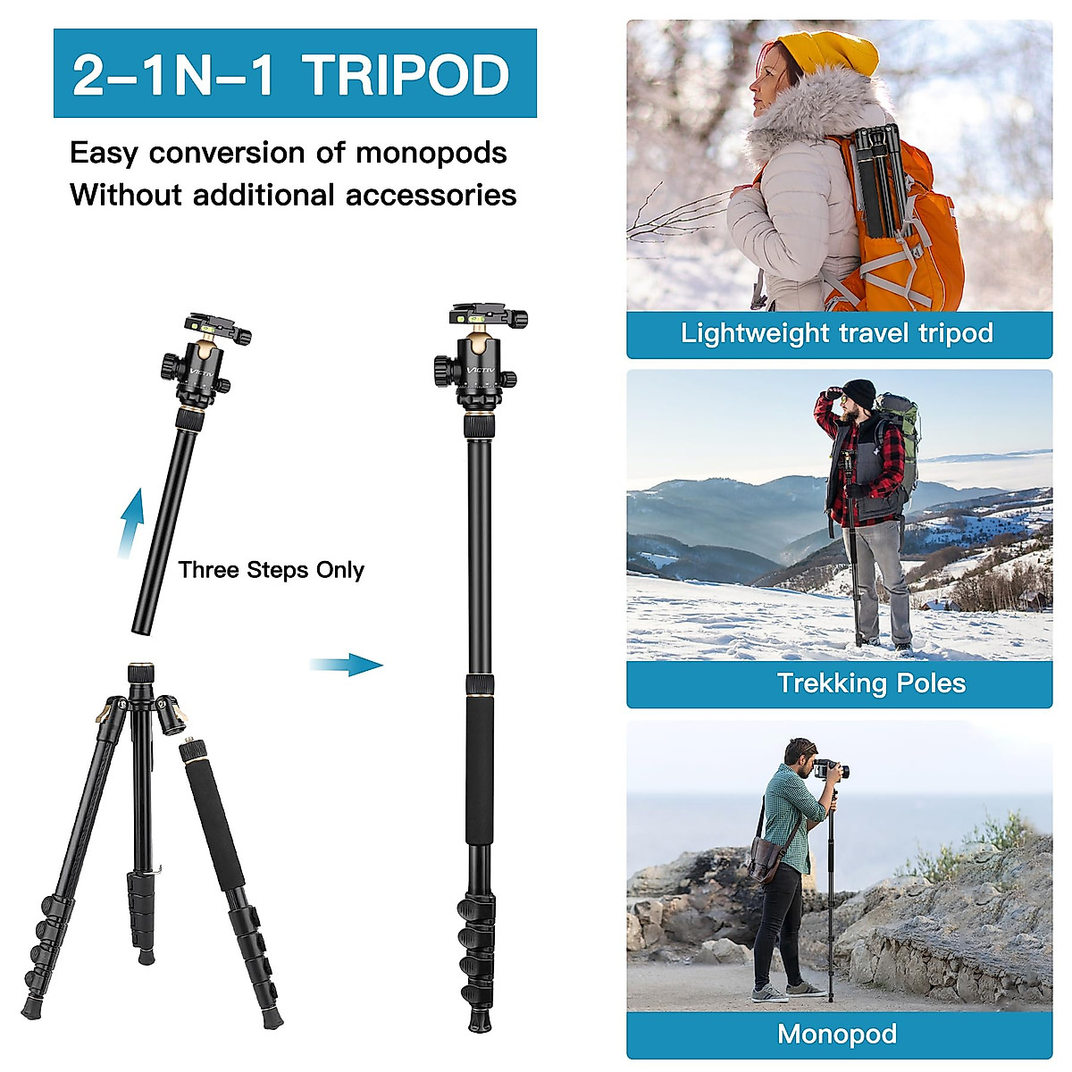 Tripod for Camera, Professional DSLR Tripod for Photography, Tall Camera Tripod Stand, Lightweight Heavy Duty Tripod for Spotting Scopes, Telescope and Binoculars, Compact Complete Tripod Units