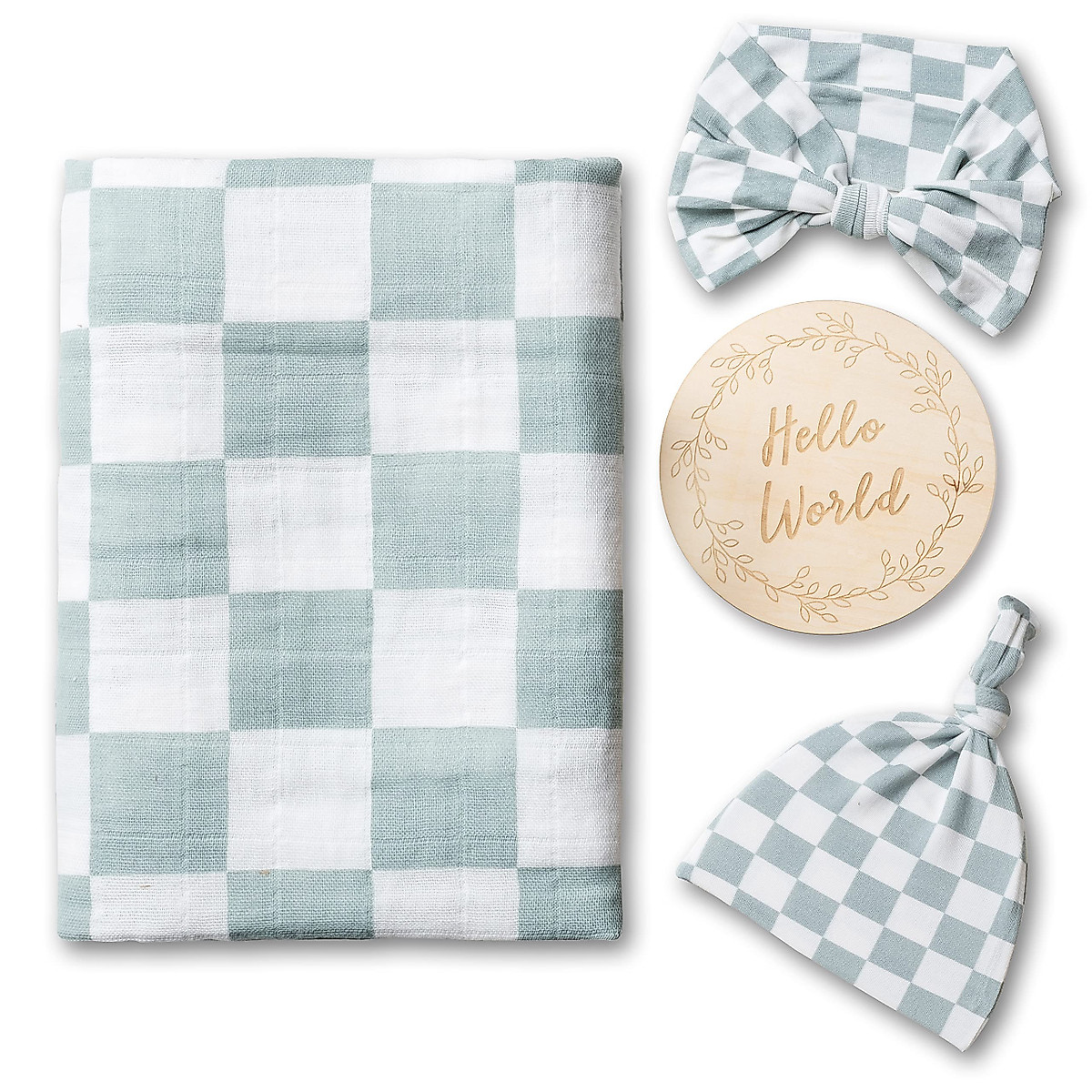 Miaoberry 100% Organic Muslin Swaddle Set| Sage Green Checkered