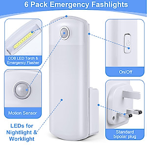 Enhon 6 Pack LED Power Failure Light, 4 in 1 LED Rechargeable Plug in Flashlights with Motion Detection, LED Emergency Lights for Home Power Failure Black Outs Hurricane Supplies