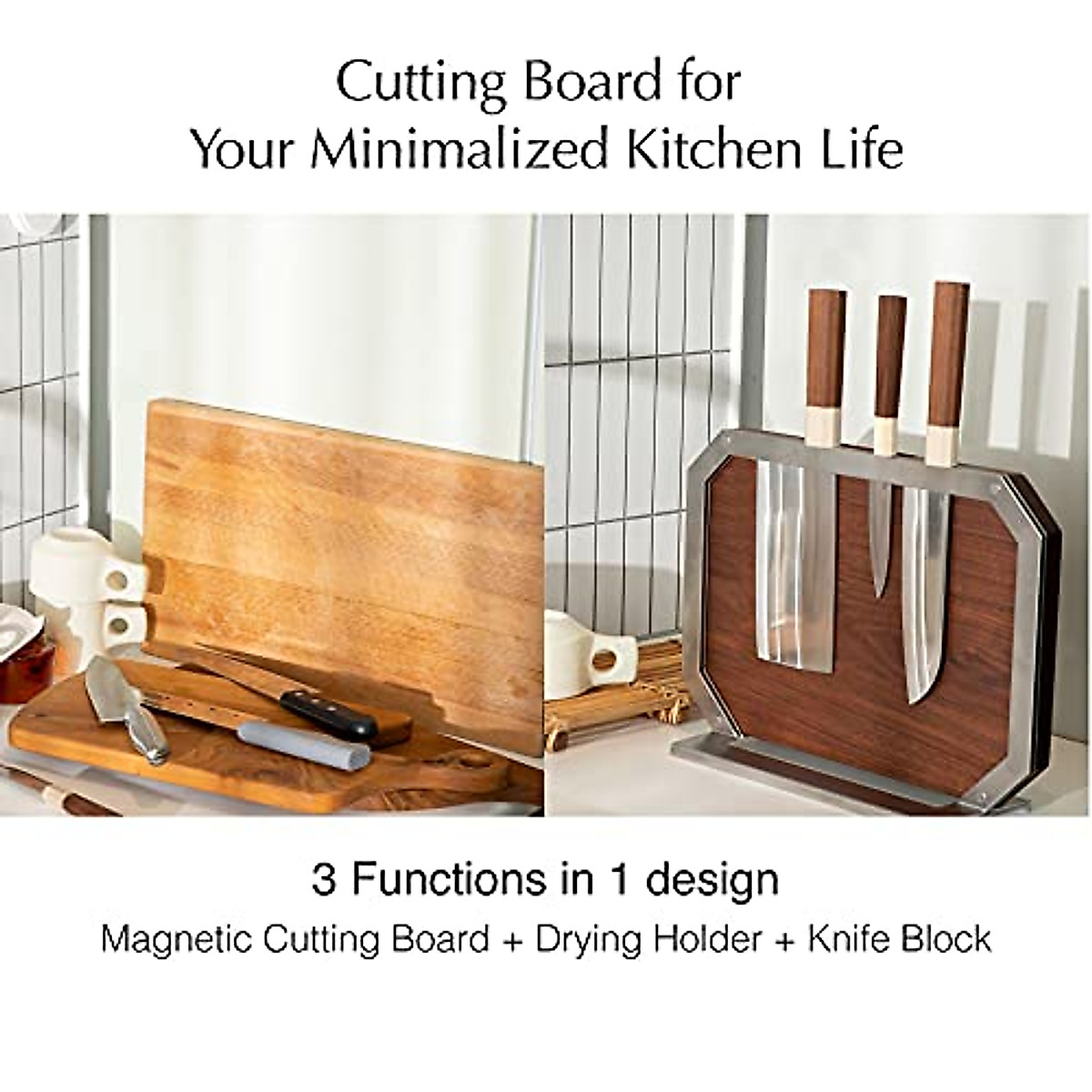 Heriter I Solid Walnut Octagonal Wood Cutting & Serving Board with Stainless Steel Stand/Frame I Modern kitchen I Clean up kitchen I wood cutting boards x 1, Magnetic Stainless Steel Stand x 1