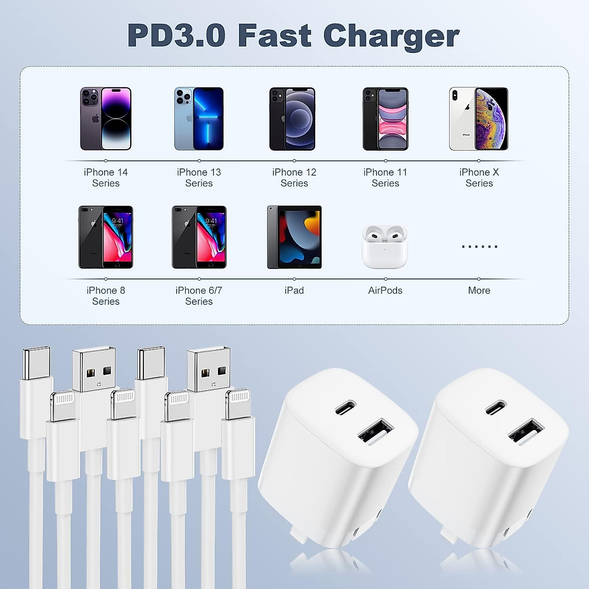 10FT/6FT Foldable Dual Port Fast Charger, 2Pack PD 20W USB C Wall Charger Block with 4Pack [Apple MFi Certified] Lightning Cable Fast Charging for iPhone 14 13 12 11 Pro Max Mini/iPad/AirPods