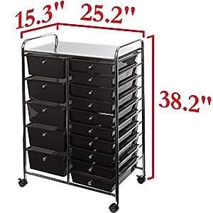 Seville Classics Rolling Utility Organizer Storage Cart , for Home Office, School, Classroom, Scrapbook, Hobby, Craft, 15 Drawer, Black