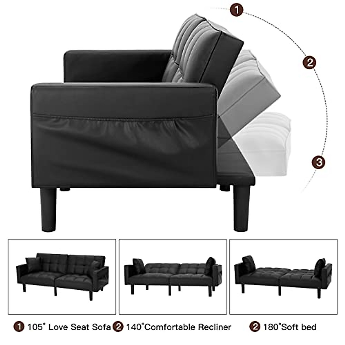 AVAWING Futon Sofa Bed, Modern Leather Convertible Sofa Bed Upholstered Sleeper Sofa Couch Bed with Adjustable Back, Arms and High Strength Nylon Legs for Living Room, Apartment, Office（Black）