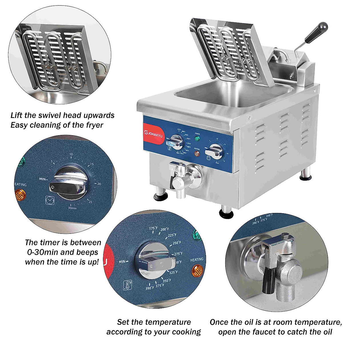JOHAKYU 6L Commercial Deep Fryer with Basket, Electric Deep Fryer with Timer, Drain, Swung Up Fryer Head, 120v 1800w Electric Countertop Fryer Stainless Steel for Home and Restaurant Use