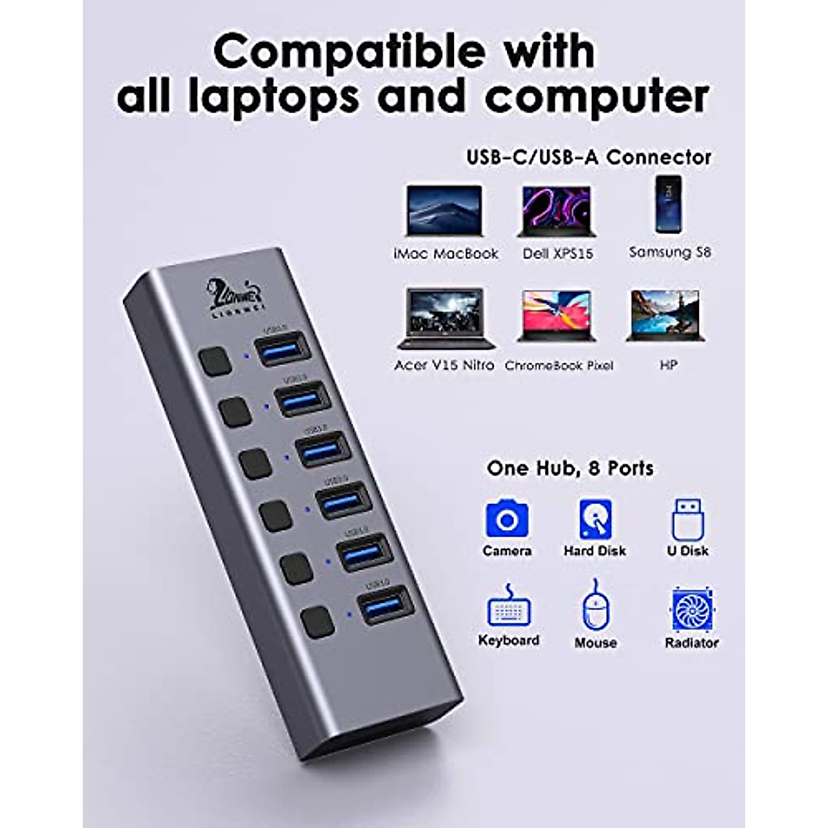 LIONWEI Universal 8-Port Powered USB 3.0/USB C Hub, Aluminum USB Splitter with 6 USB 3.0 Data Ports, SD/TF Card Readers, On/Off Power Switches, AC Adapter