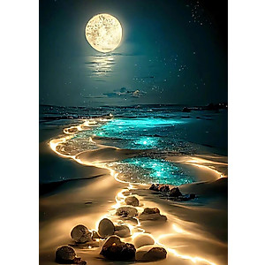 KINPLUB Moonlight Beach Diamond Painting Kits for Adults, 5D Seaside Moon Diamond Art Kits for Beginners, DIY Full Drill Paint with Diamond, Home Wall Decor 12 x 16 Inch