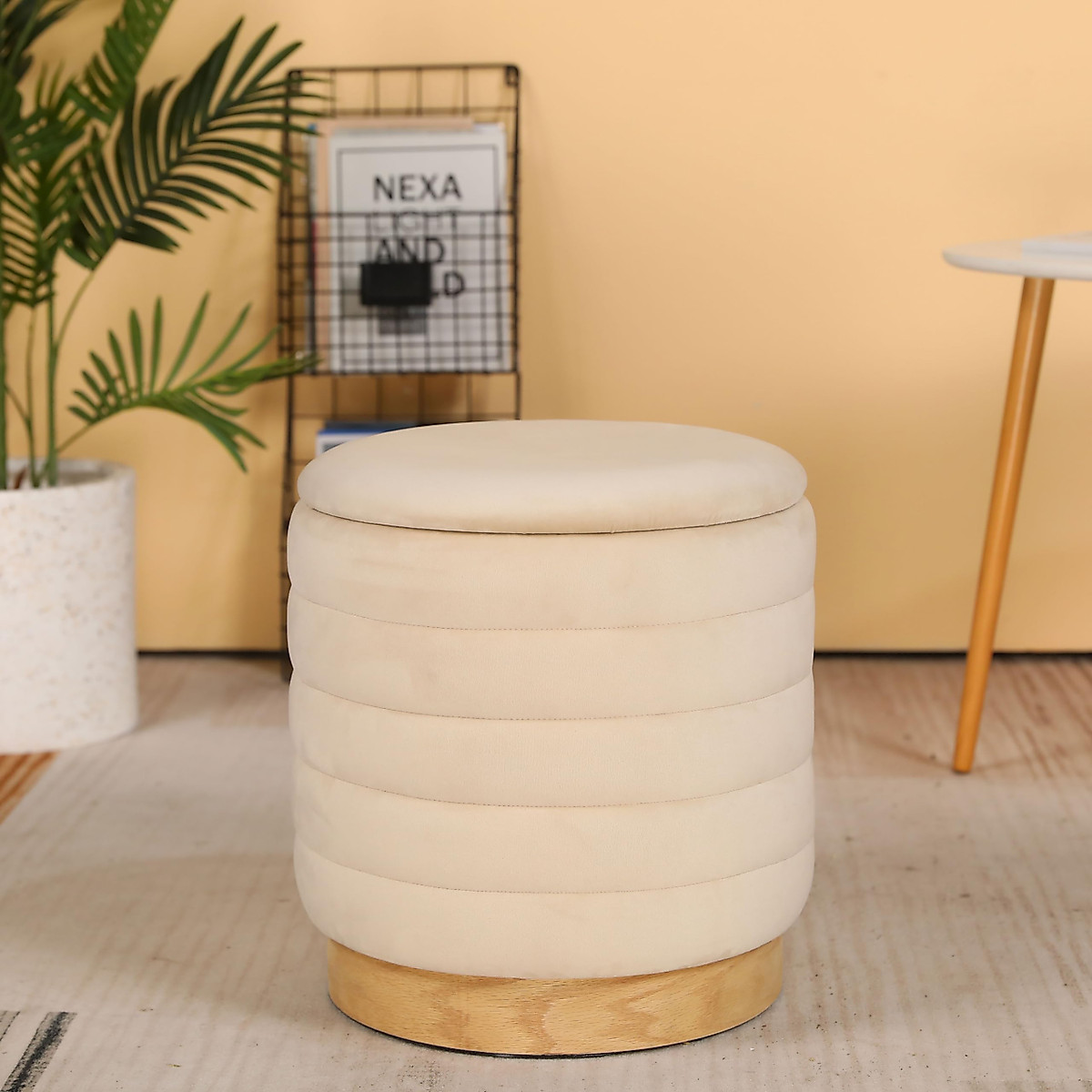 NEWIMAGE Round Ottoman Storage Box Dutch Velvet Pouffe Footstool 15.5'' Padded Stool Seat with Wooden Base, Footrest Vanity Stool with Lids for Bedroom Living Room Balcony Snack(Cream Horizontal Line)