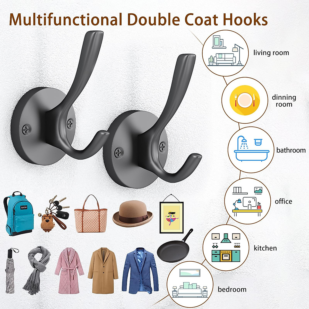 ZUONAI Matte Black Coat Hooks 2 Pack Black Metal Wall Hooks for Hanging Coat and Hat Hook Black Hooks for Wall Hooks for Coats Heavy Duty Black Towel Hook for Hanging Coats Bedroom Hooks