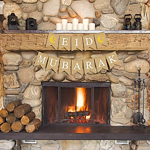 Jute Burlap Eid Mubarak Banner with Moon and Star Ramadan Home Mantel Fireplace Decoration
