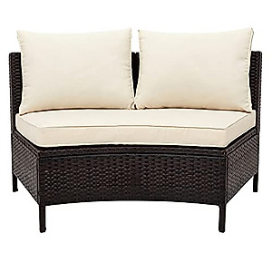 Merax Weather Brown PE Rattan Wicker Outdoor Patio Sectional Furniture Half-Moon Sofa Set with Tempered Glass Table, Beige,5 Piece