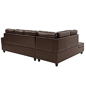 ERYE L-Shaped Corner 5 Seaters Chaise & Storage Ottoman,Modern Faux Leather Sectional & Sofa Couch with 2 Pillows for Home Office Apartment Living Room Furniture Sets, Brown PU Right