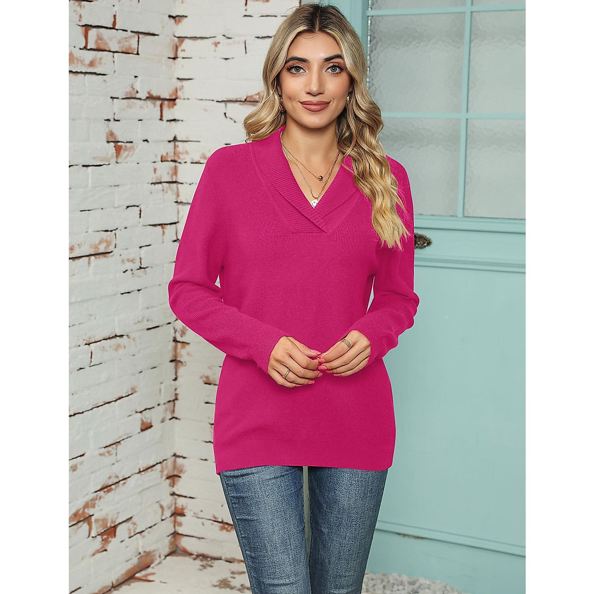 Ivicoer Sweater for Women Collared V Neck Pullover Ladies Knitted Long Sleeve Tops Casual Fall Winter Trendy