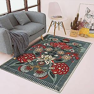 Country Style Area Rugs, 5x7ft, Modern Farmhouse Red Flowers and Green Leaves Traditional Art Rug Non-Slip Low-Pile Dining Room Mat Indoor Accent Carpet for Office Home