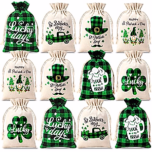 24 Pcs St Patrick's Day Gift Bag with Drawstring Shamrock Cotton Treat Bags Candy Pouch Sacks Irish Party Favor Bag Green Plaid Pouch Bag for Saint Patrick's Day Irish Party Supplies (5 x 7 Inch)