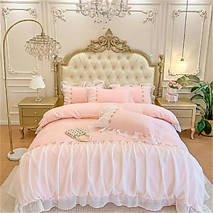 MOOWOO Pink Bedding-Romantic Ruffle Lace Bedding Set 2 Piece Comforter Twin Duvet Cover with Zipper Closure,Coquette Room Decor-Pink,Twin Size