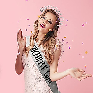 EOUQ Birthday Girl Headband and Sash - Rhinestone Birthday Crown and Sash Kit - Birthday Tiara and Sash Set - Silver