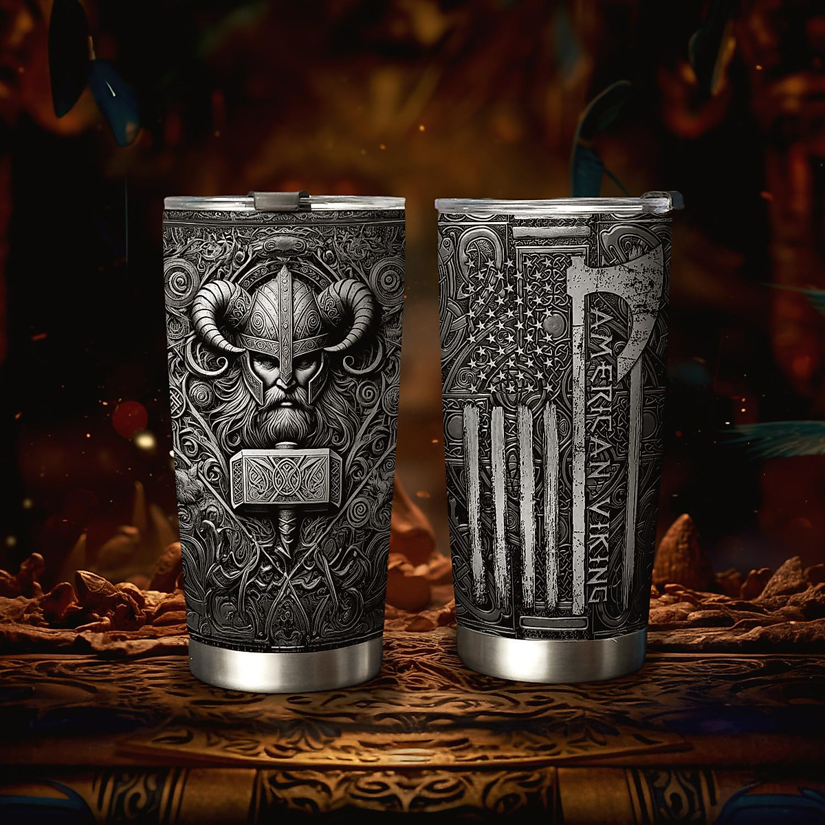 20oz American Viking Tumbler, Viking Gifts for Men, Norse Mythology Gifts, Coffee Thermos for Men, Stainless Steel Double Wall Vacuum Insulated Coffee Mug, Travel Cup with Lid