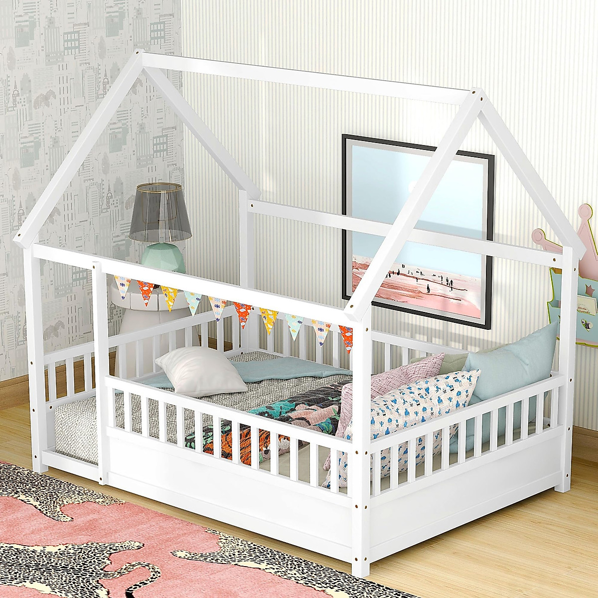 Wood Montessori Floor Bed Full Size, Full Floor Bed with Fence and Door, Full Size House Bed for Kids, Girls, Boys, White Montessori Bed Full Size