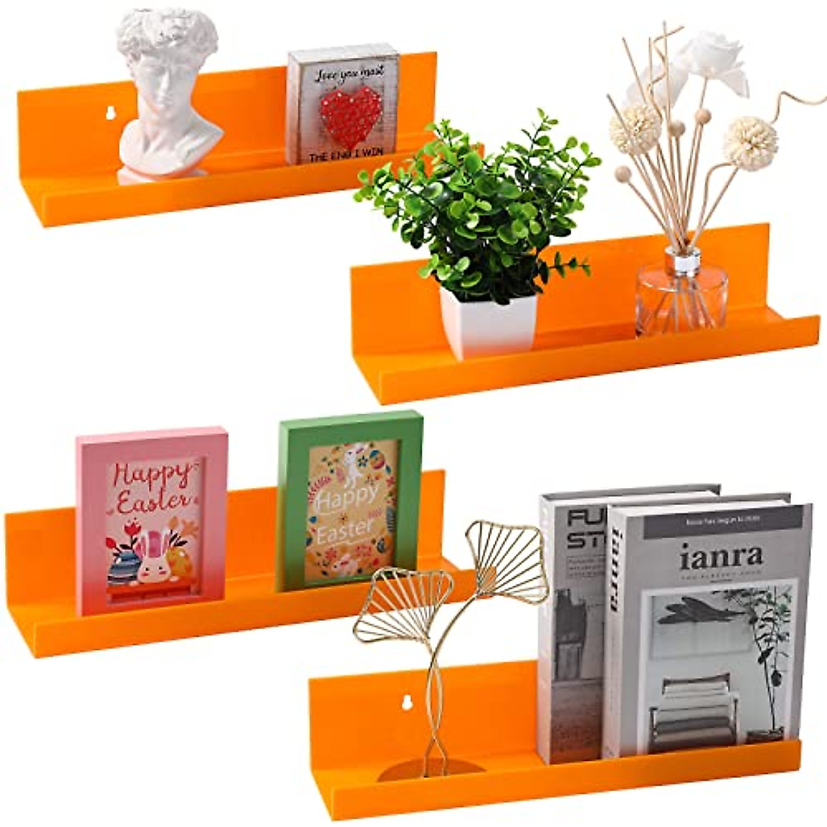 Namalu 4 Pcs Acrylic Floating Shelves 15" Wall Mounted Floating Bookshelf for Kids Room Orange Display Ledge Wall Shelves for Bathroom Bedroom Living Room Kitchen Organizer