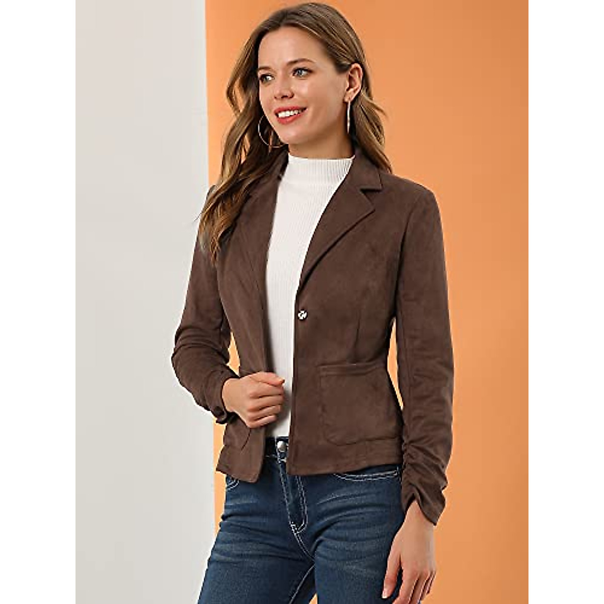 Allegra K Women's Long Sleeve Casual Open Front Drawstring Faux Suede Blazer Medium Brown