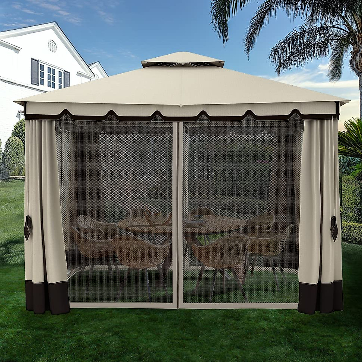 YITAHOME 10x12ft Gazebo for Patios Outdoor Double Roof Canopy Gazebo with Netting & Curtains, Soft Fabric Top Garden Winds Tent with Steel Frame for Lawn, Garden, Backyard and Deck (Khaki)