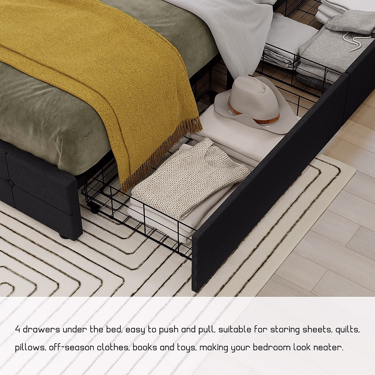 Tuconia Linen Upholstered Platform with 4 Storage Drawers Bed Frame with Headboard and Wooden Slats Support Easy Assembly Queen Size Black