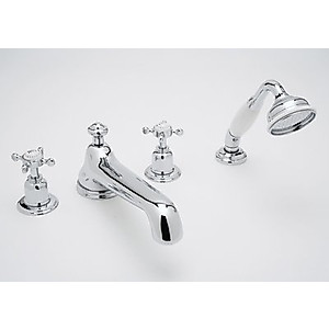 Rohl U.3738X-PN Polished Nickel Edwardian 4 Hole Low Level Spout Deck Bathtub Filler and Handshower, Cross Handles