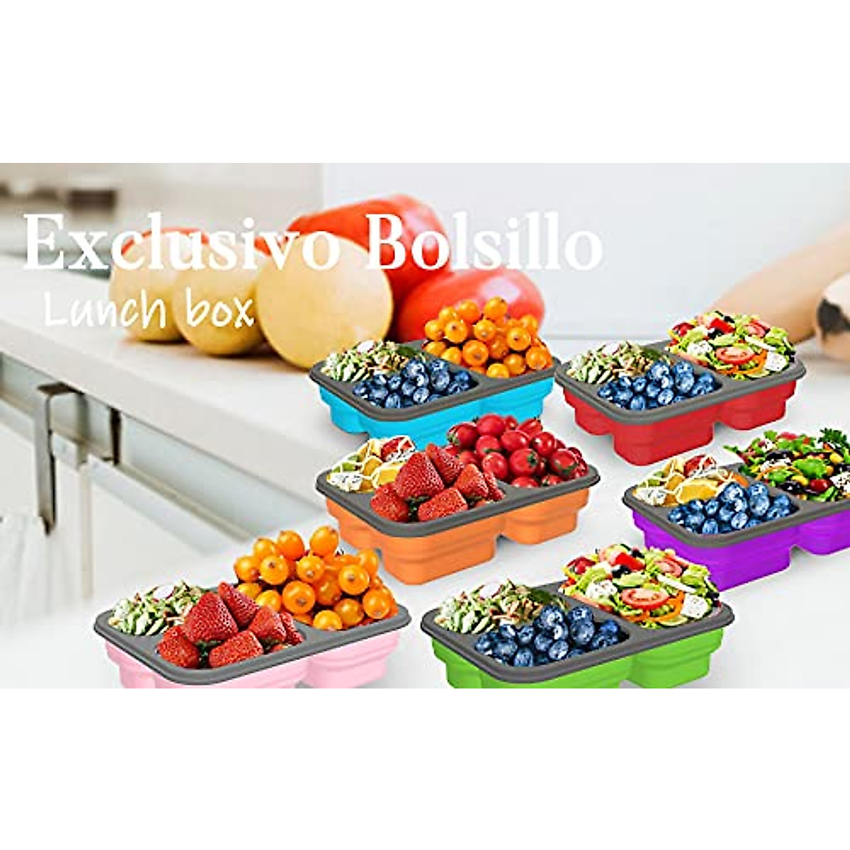 Exclusivo Bolsillo Foldable Bento Lunch Box (6pcs) for Women Men With Spork & Lid BPA Free,Collapsible and Leakproof Space Saving Food Storage Containers with 3 Compartments(6 Color Pack)