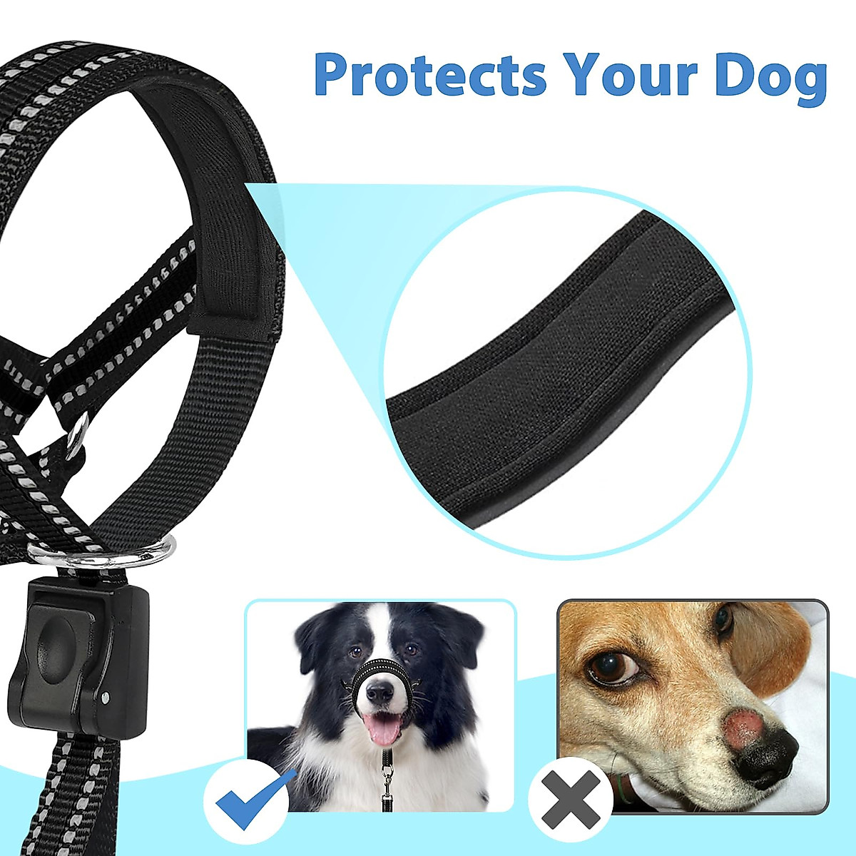 BARKLESS Soft Dog Head Collar, Padded No Pull Head Halter, Dog Training Nose Leash with Safety Link for Medium Large Dogs, Adjustable Muzzle Leash, Easy Control for Dog Walks(Black, M)