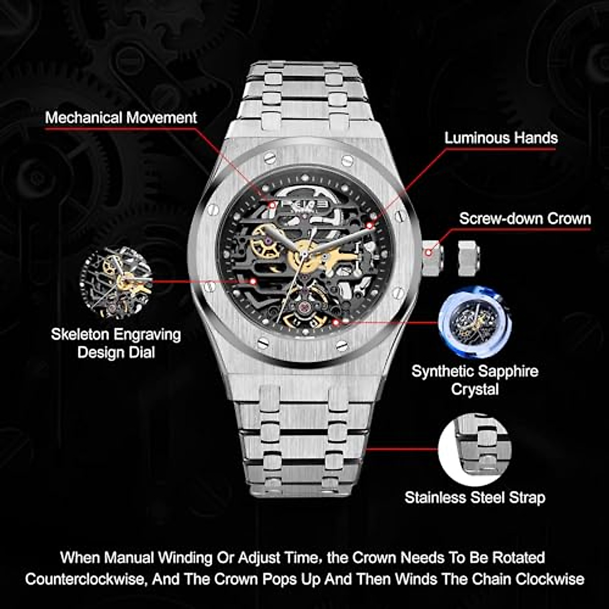 FEICE Watches for Men Automatic Skeleton Watch 42mm Case Stainless Steel Mechanical Anti Shock Waterproof Luminous Sapphire Crystal Analog Watches Business Wristwatch Adjustable Band FM019HOT