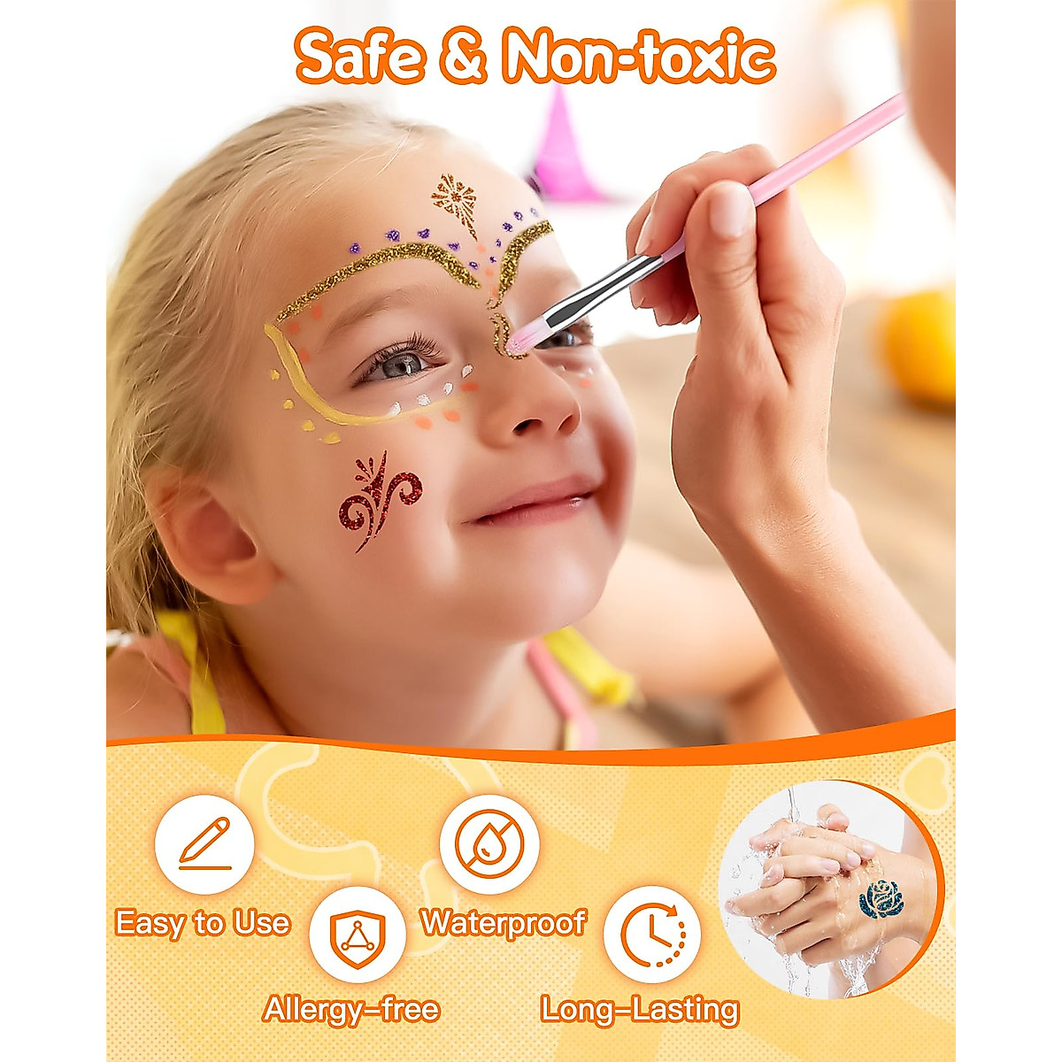 Lictin Glitter Tattoo Set - 24pcs Cosmetic Glitter Tattoo Set Tattoo Stencils Glitter Tattoos Temporary Tattoo Template Set with 117 Stencils, 2 Glue, 5 Brushes