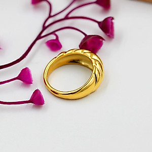 Uloveido 18K Gold Plated Croissant Ring Chunky Braided Twisted Dome Ring Band Stacking Minimalist Statement Rings (size 7)