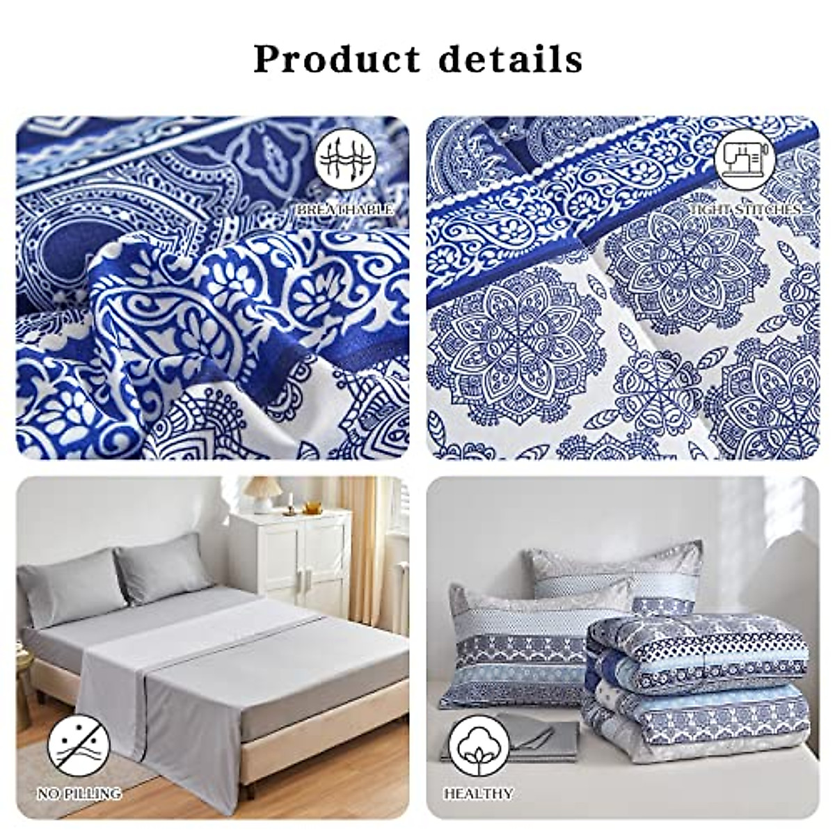 Flysheep Bohemian Striped Bed in a Bag 7 Pieces Queen Size, Boho Blue Grey Geometric Pattern Reversible Bed Comforter Set (1 Comforter, 1 Flat Sheet, 1 Fitted Sheet, 2 Pillow Shams, 2 Pillowcases)