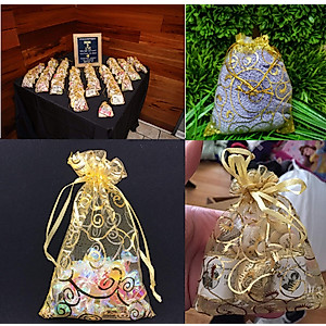 Wedding Favors Small Gift Bags, 100pcs 5 Inch x 7 Inch (13x18cm) Gold Organza Bags for Party Favor Bags Small Business Candy Bags Mesh Bag (Gold, 5''x7'')