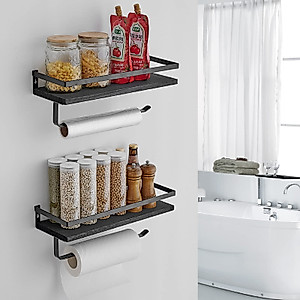 BESy Floating Shelves Wall Mounted Storage Shelves with Towel Rack Rails Bar, Paper Towel Holder with Shelf for Kitchen, Bathroom Tissue Roll Hanger, Matte Black Metal Frame, Set of 2 Black