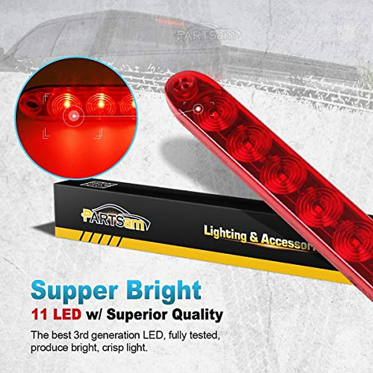 Partsam 10Pcs Red 15 Inch 11 LED Trailer Tail Light Bar Sealed Stop Turn Tail Park Third 3rd Brake Light Bar Trailer Center Light Bar for 80" or Wider Trailers DOT Certified and IP67 Submersible