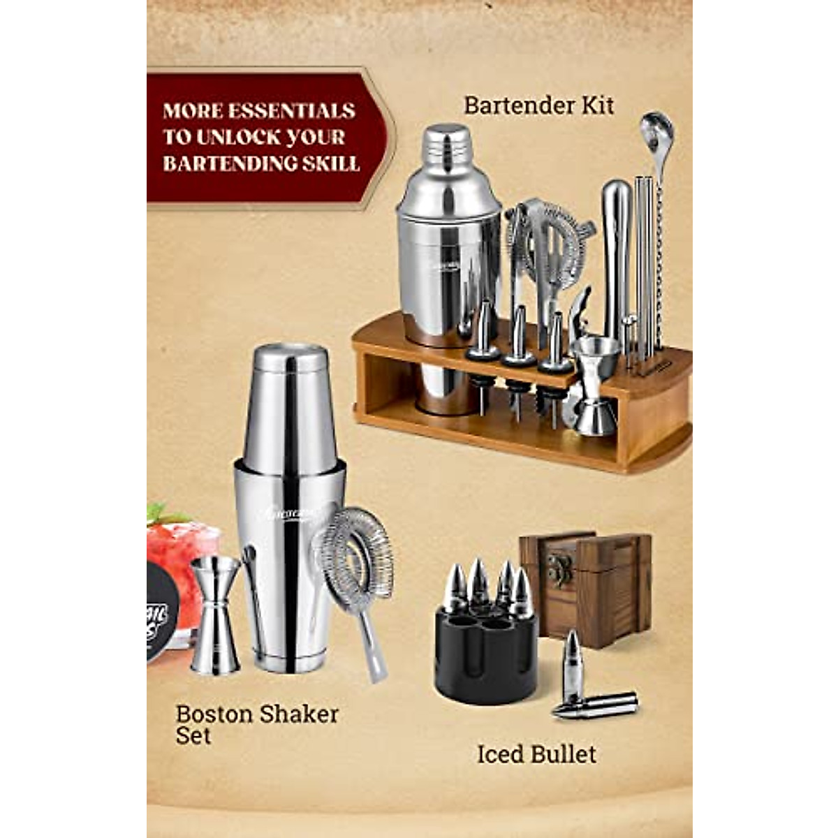KITESSENSU Cocktail Shaker Set Bartender Kit with Stand | Bar Set Drink Mixer Set with All Essential Bar Accessory Tools: Martini Shaker, Jigger, Strainer, Mixer Spoon, Muddler, Liquor Pourers |Silver