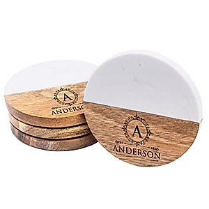Custom Personalized Set of 4 Marble and Acacia Coasters for Drinks, Couples, Wedding Gift, New Home (Round Marble and Acacia)