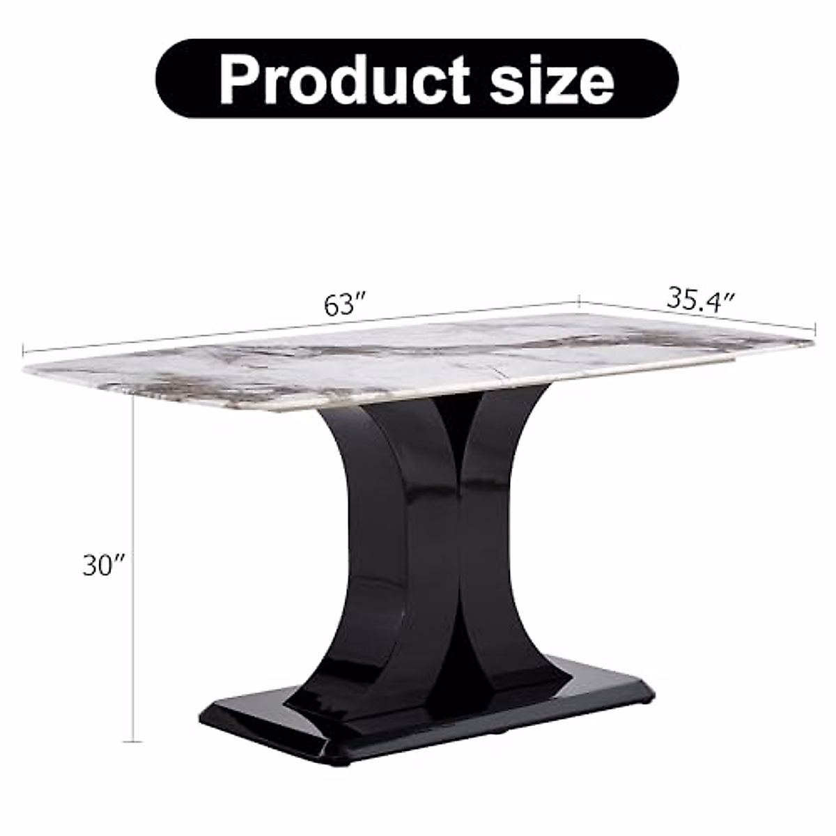 63" Glass Dining Table with White Imitation Marble Top, Kitchen Table for 4 or 6, Modern Dinner Tables with Black MDF Base, Large Dining Room Table for Dining Room/Kitchen, Easy Assembly