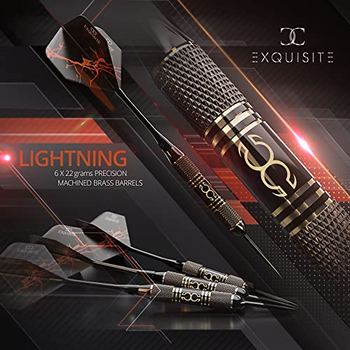 CC-Exquisite Professional Steel Tip Darts Set - 6 x 22g Brass Barrels with 12 Flights Standard/Slim, 12 Aluminum Shafts 35/48mm, 12 O-Rings, Dart Tool, Dart Sharpener and Case (Black & Gold)