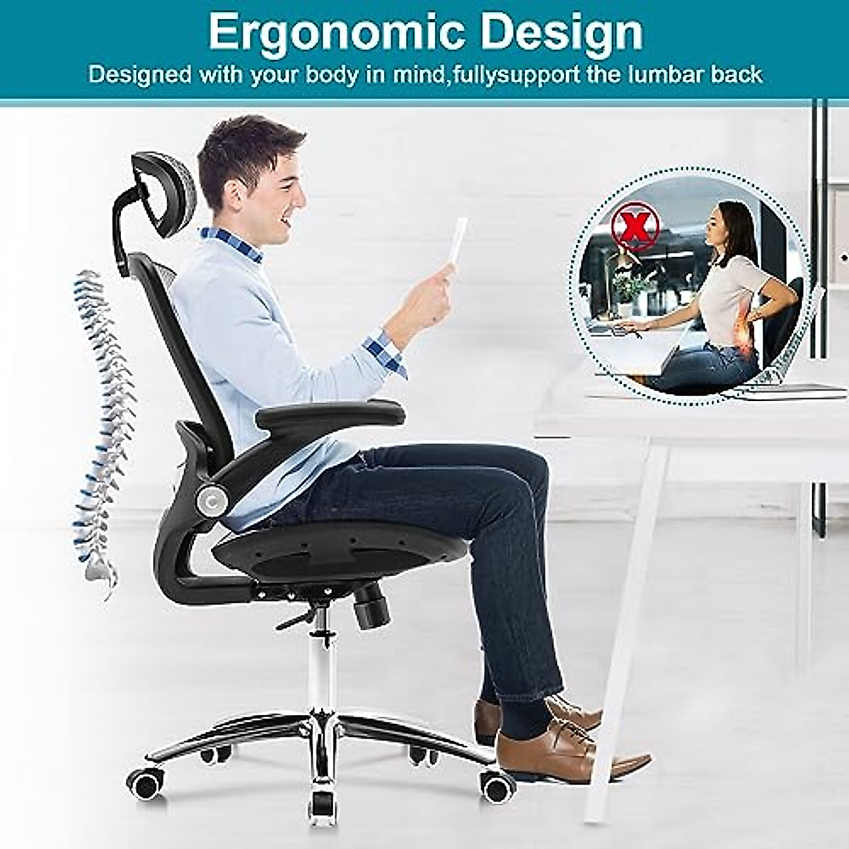 Ergonomic Mesh Office Chair, High Back Computer Mesh Desk Chair with Adjustable 2D Headrest & Flip Up Arms, 135°Tilt Function, Mesh Seat, Breathable Swivel Executive Task Chair for Tall People