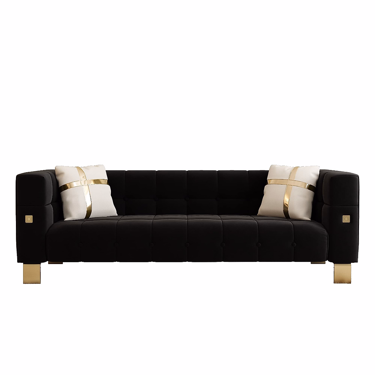 Hommoo Mid Century Modern Sofa for Living Room Velvet Sofa Small Couch for Small Space Chesterfield Sofa Couch with Gold Legs for Apartment Bedroom Office with Pillows 89" Set of 2 Black