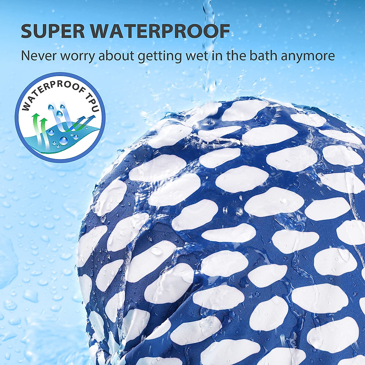 INNELO Luxury Shower Cap for Women Reusable Waterproof, Double Layered Shower Hair Cap with Adjustable Elastic Strap, Large Satin Lined Shower Bath Cap for Long Curly Straight Hair, Blue