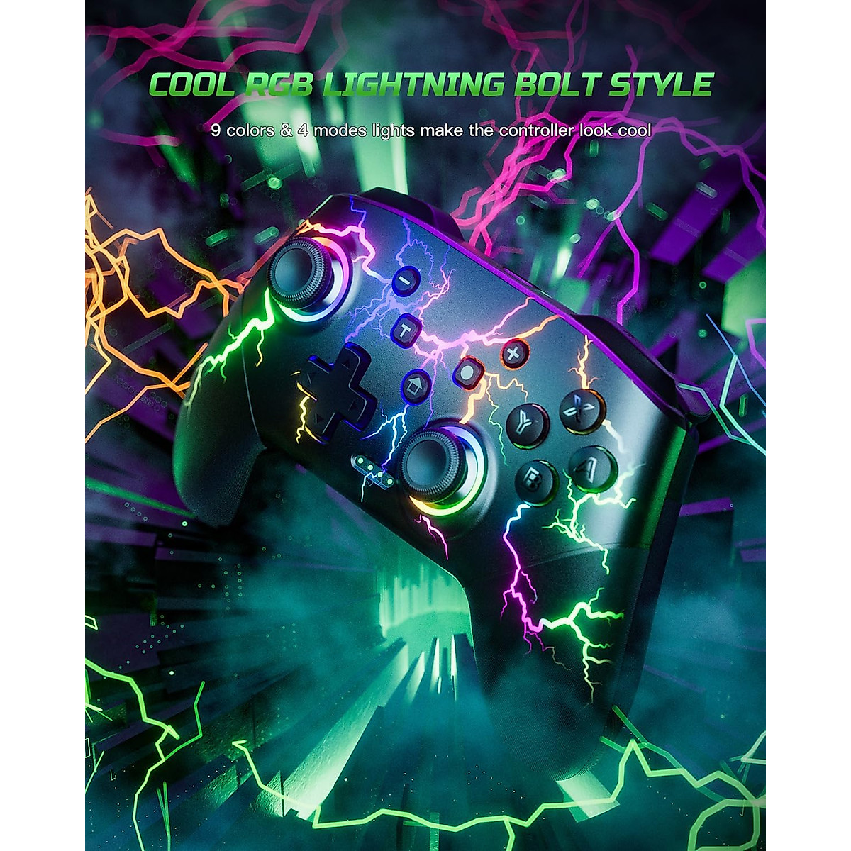 Switch Controller Compatible with Switch/Switch Lite/Switch OLED/Windows/iOS/Android, RGB Lightning Programmable 1000mAh Wireless Switch Pro Controller with One Key Pairing Wake Up Turbo Vibration