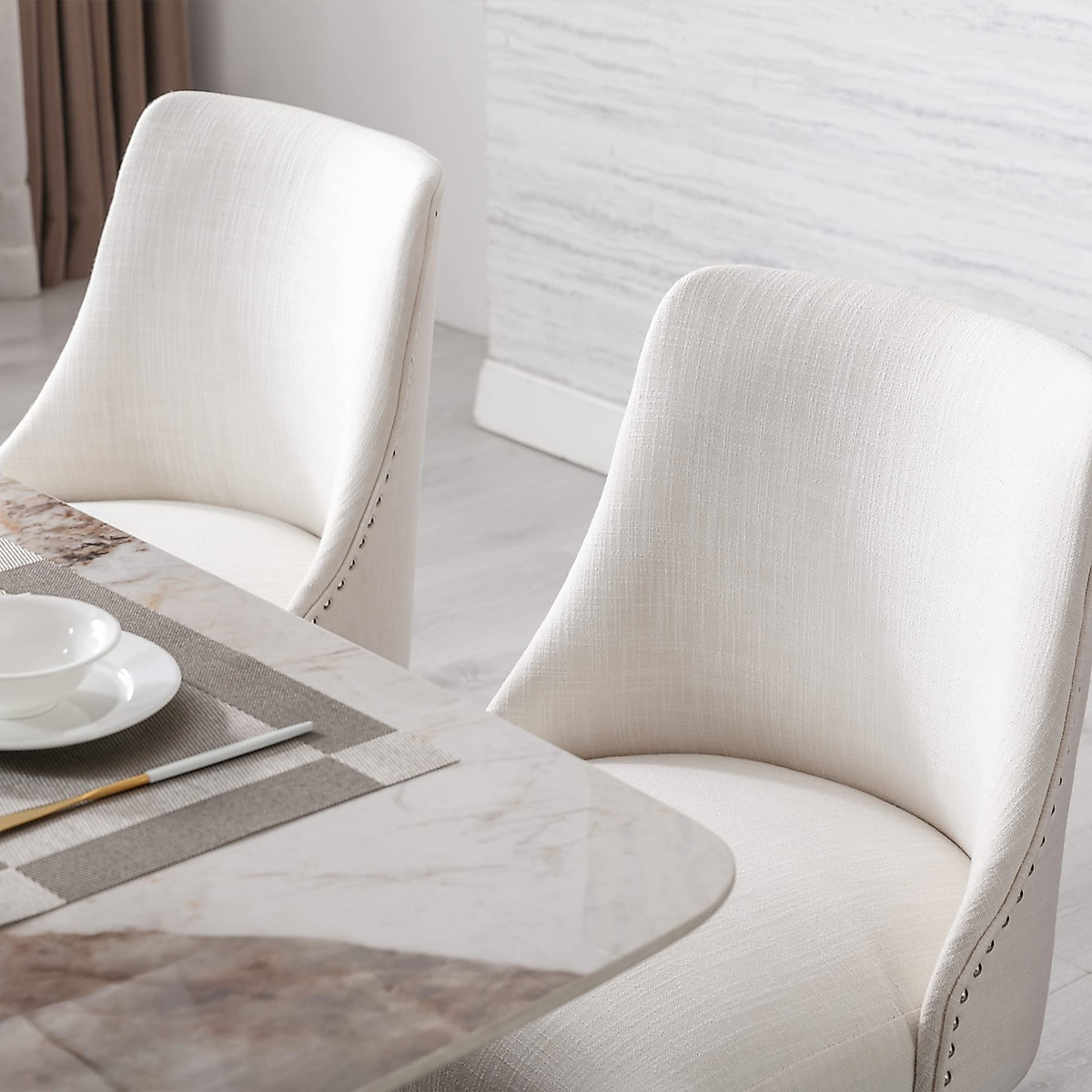 Kmax Fabric Dining Chairs Set of 4 Upholstered Side Chairs Farmhouse Accent Chairs with Nailhead Wood Legs for Dining Room Guest Room Restaurant, Cream