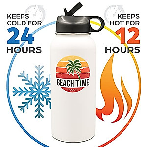 Lifecraft Beach Time 18/8 Stainless Steel Vacuum Insulated Sweat Proof Water Bottle Large 32 Oz Wide Mouth with Straw Flip Lid, Handheld Sport Design Hydro Metal Jug
