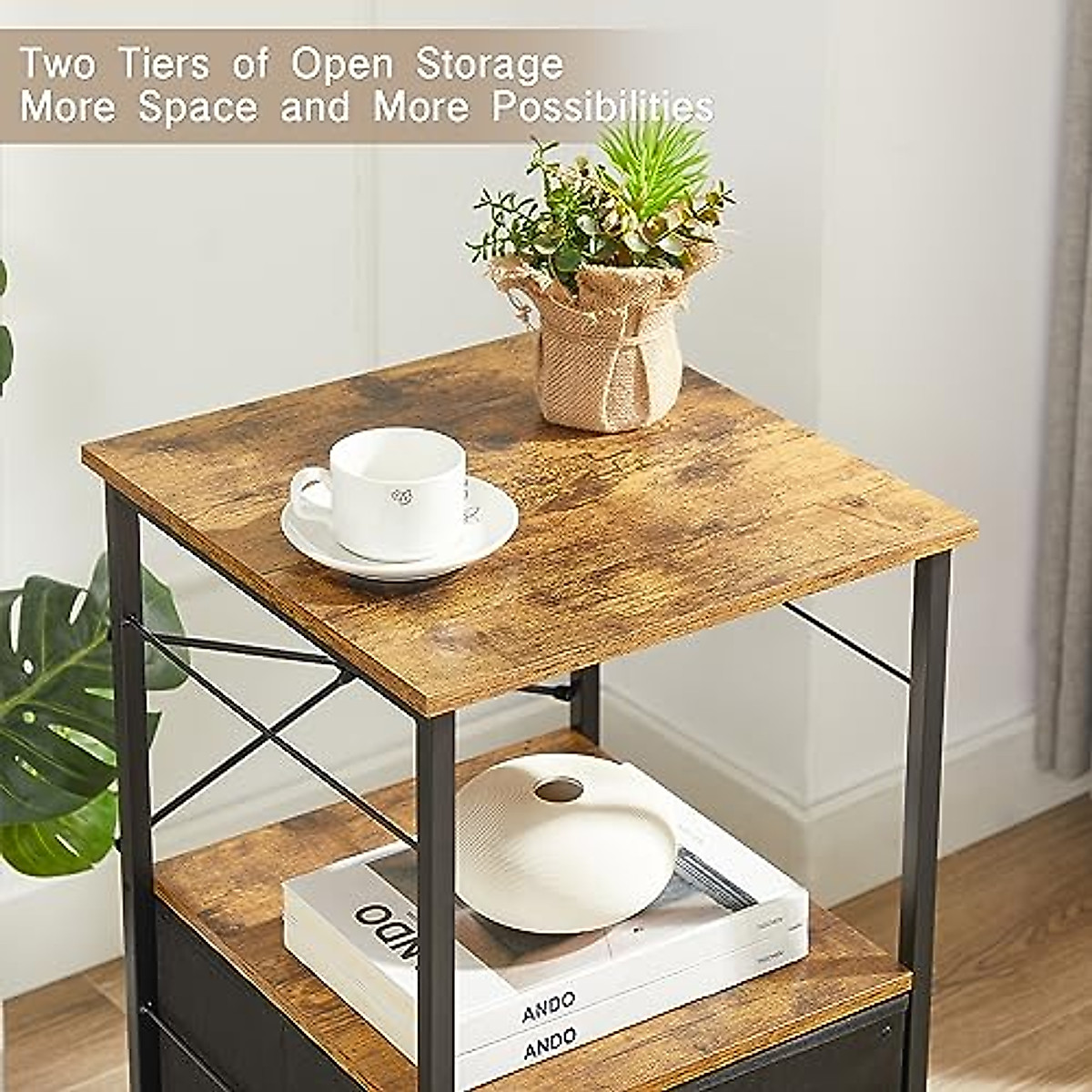 VECELO File Cabinet with Open Storage Shelf, Rolling Printer Stand with Large Fabric Drawer, Suitable for Letter Size, Ideal for Small Spaces, Home Office, Easy to Install, Brown