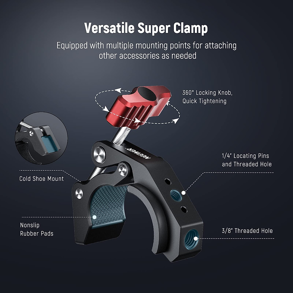 NEEWER Super Clamp with Cold Shoe and 1/4" 3/8" Threaded Holes, Max Load 4.4lb/2kg, Crab Shaped Camera Clamp Mount for Most Photography Accessories, Compatible with SmallRig Magic Arms, ST81